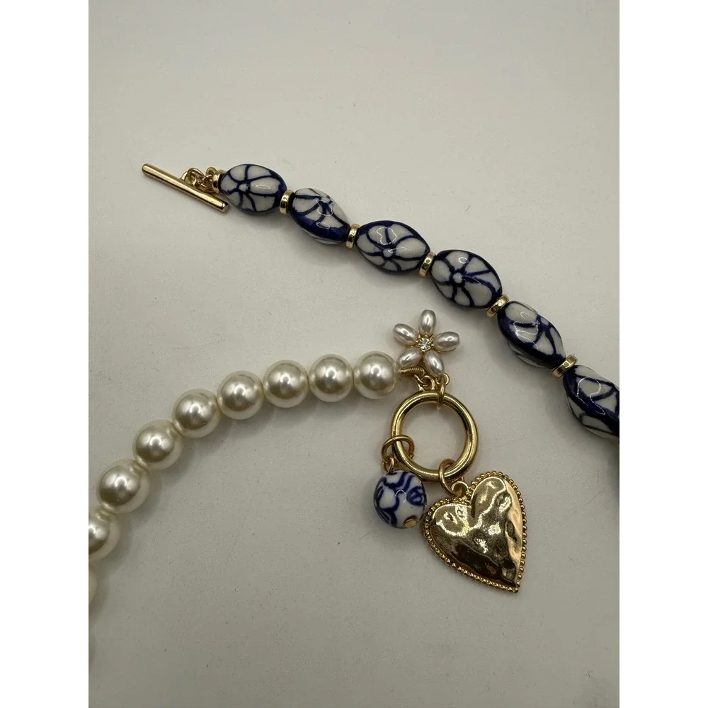 Jewelry | Blue White Floral Ceramic Pearl Heart Charm Toggle Necklace ...
